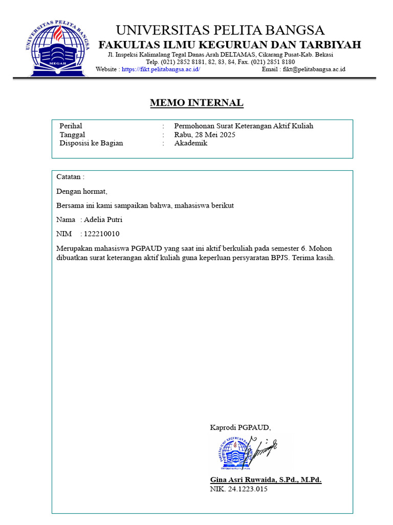 Memo Internal - Surat Keterangan Aktif Kuliah - Adelia | PDF