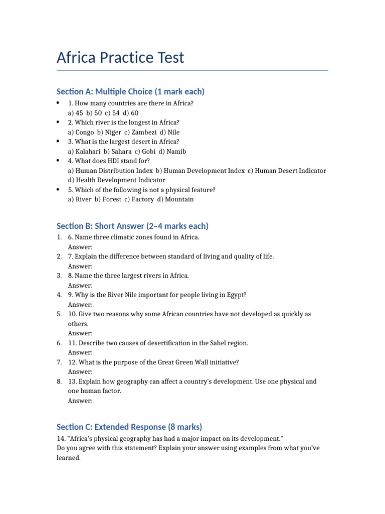 Africa Geography and Development Test | PDF