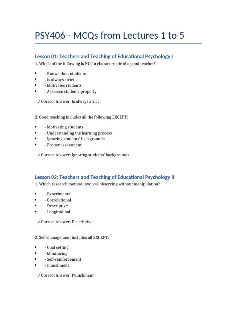 PSY406 Lectures 1 To 5 MCQs | PDF