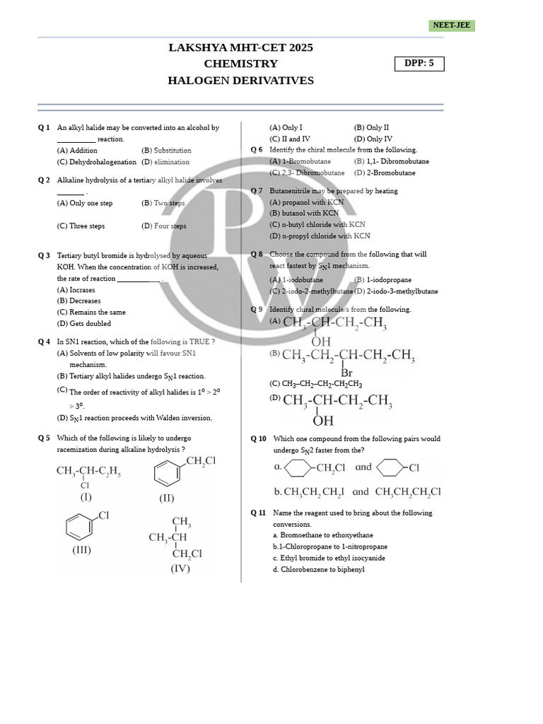 Halogen Derivatives - DPP 05 - Lakshya MHTCET 2025 | PDF | Organic Reactions | Chemical Substances