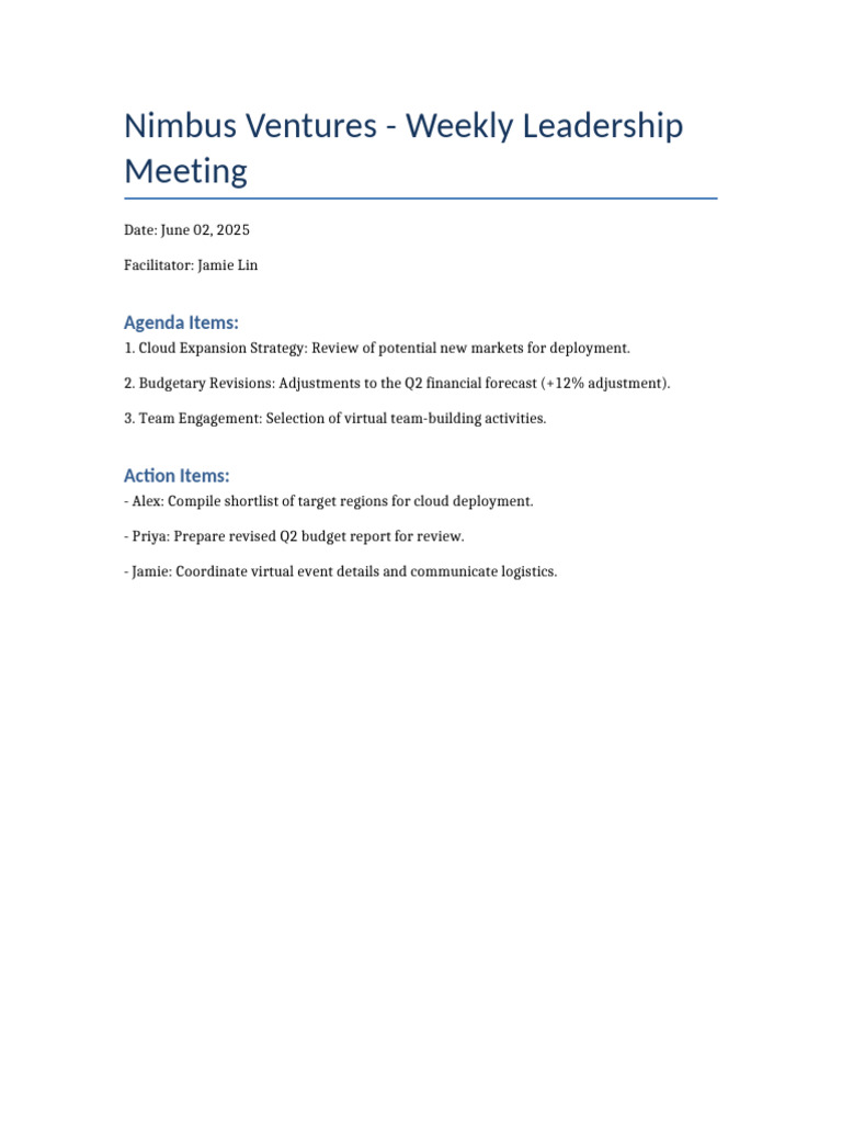 Nimbus Ventures Weekly Leadership Meeting | PDF