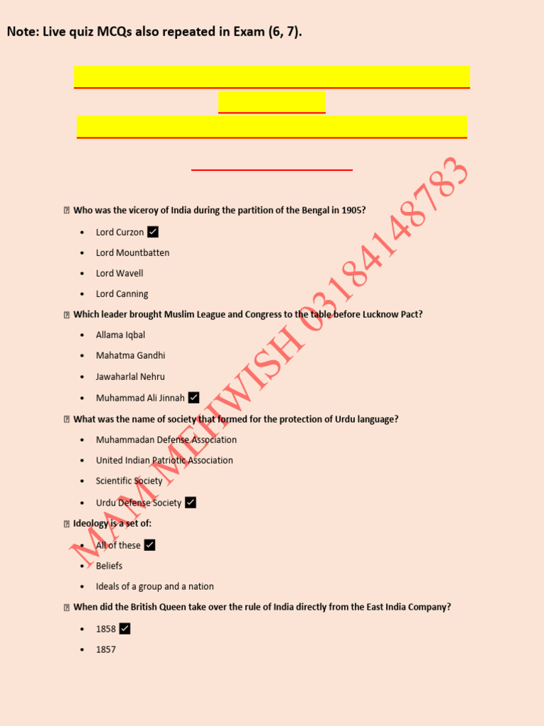 PAK301 MCQs Mids 2024 Mam Mehwish | PDF | All India Muslim League | Muhammad Ali Jinnah