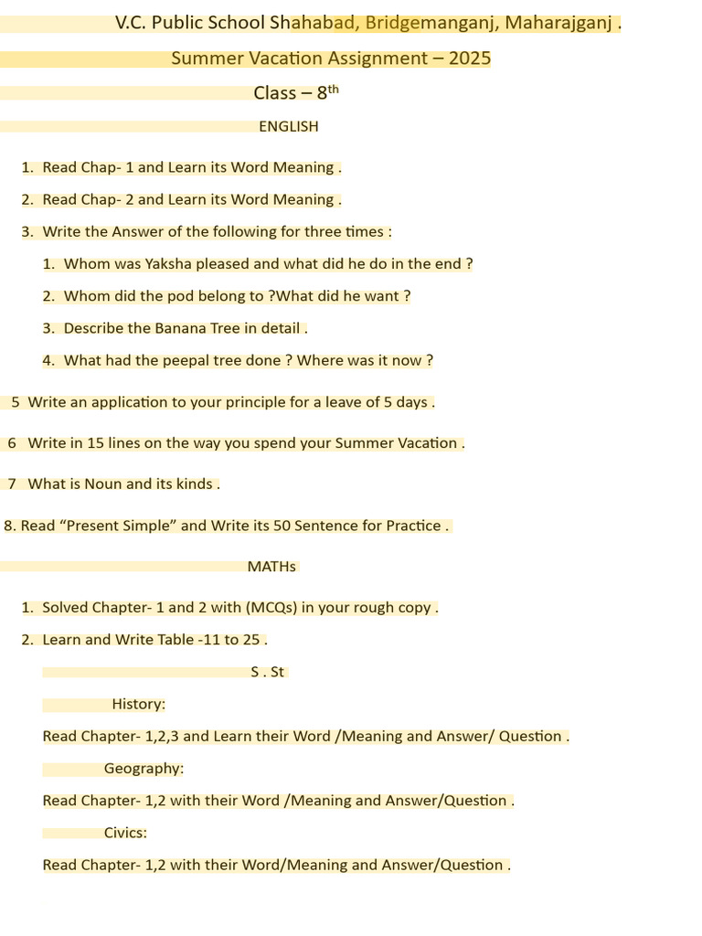 Class - 8 Summer Vacation | PDF