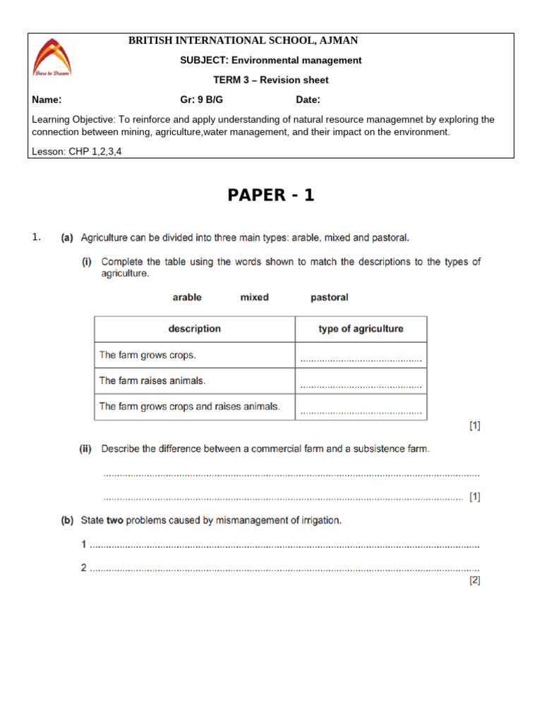 Environmental Management Revision Sheet | PDF