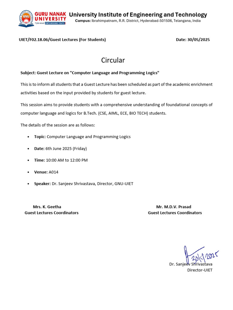 Guest Lecture Circular 6th June 2025 | PDF