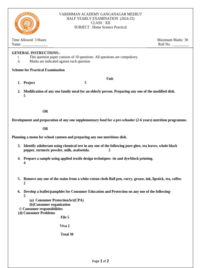 Home Science Class 12 Practical | PDF