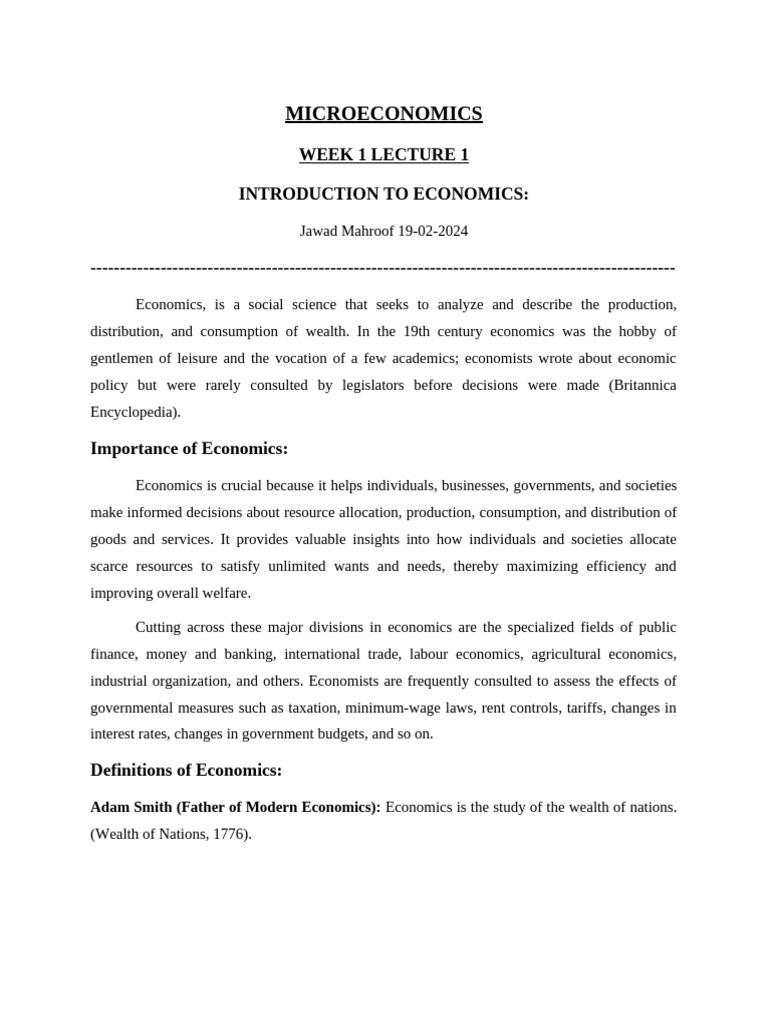 Microeconomics Lecture 1 Class 1 | PDF | Economics | Microeconomics