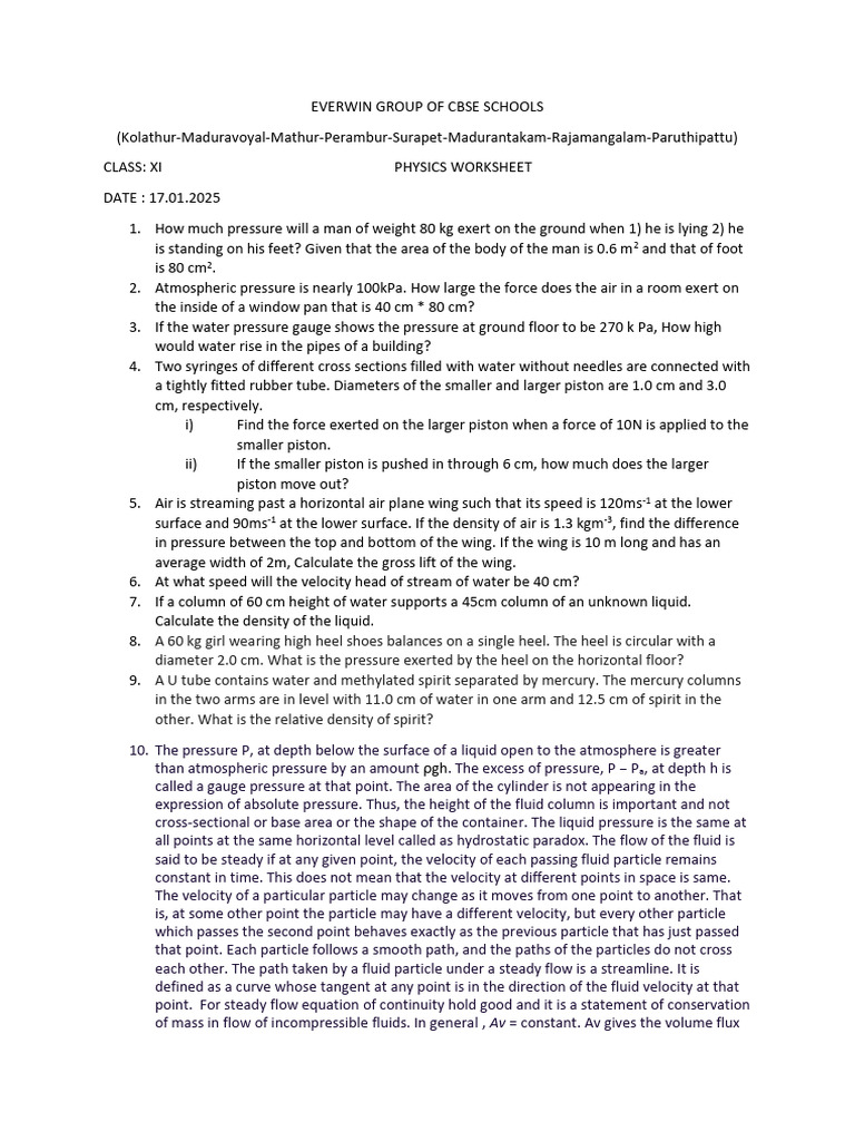 Xi Physics Worksheet 2 | PDF | Fluid Dynamics | Pressure