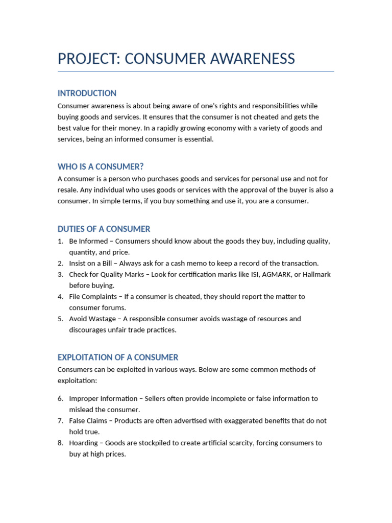 Consumer Awareness Project 8pages | PDF | Food Safety | Economies
