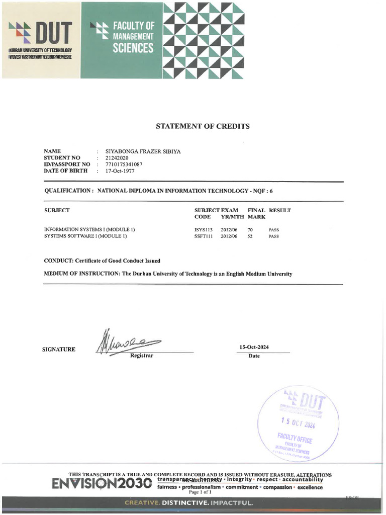 DUT Statement of Credits | PDF