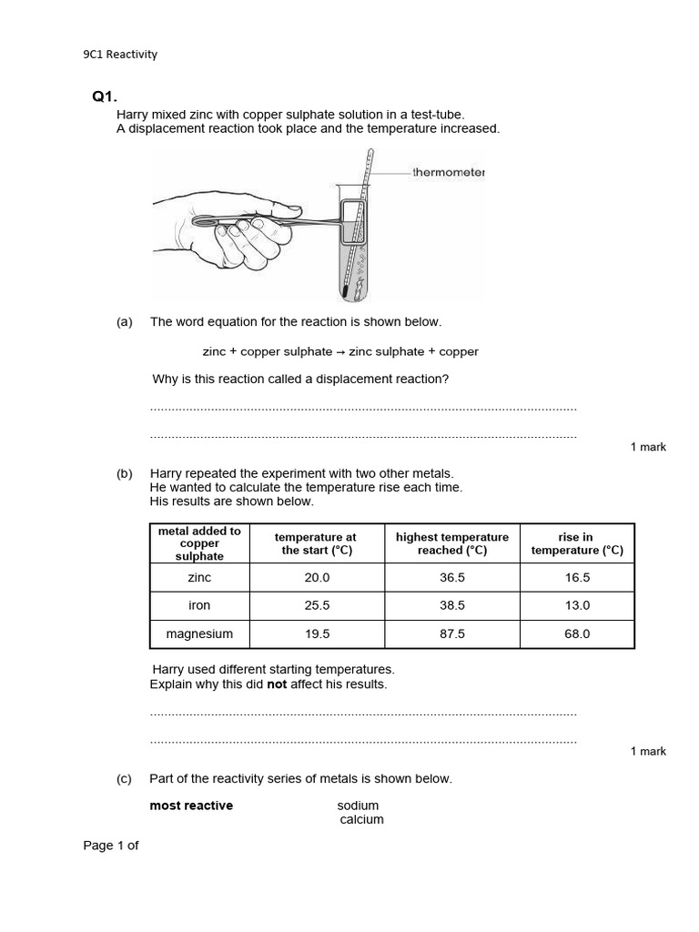 9C1 Reactivity Practice Questions and MS | PDF | Atoms | Chemical Elements