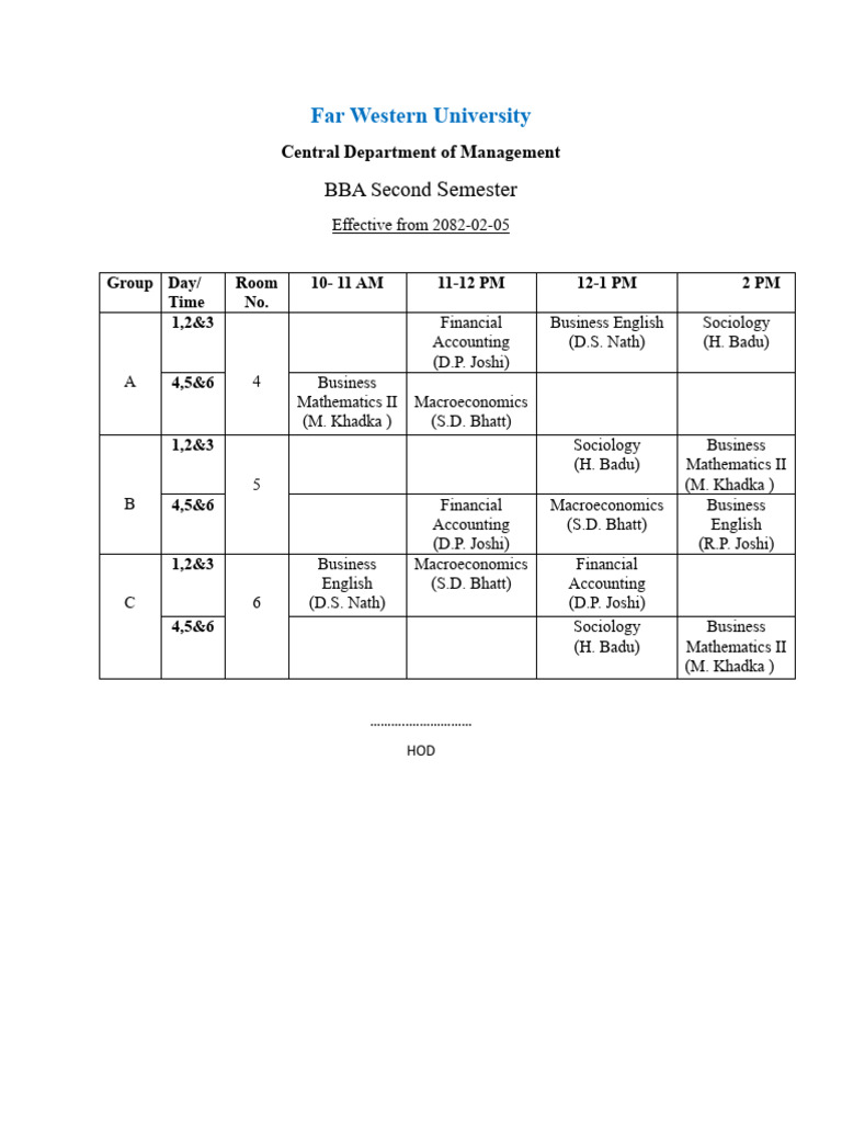 Updated BBA 2nd Semester Class Schedule | PDF