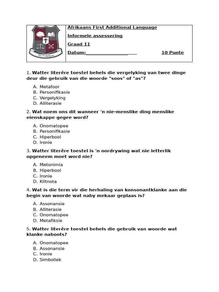 Graad 11 Taal Informele Assessering 3 KW1 | PDF