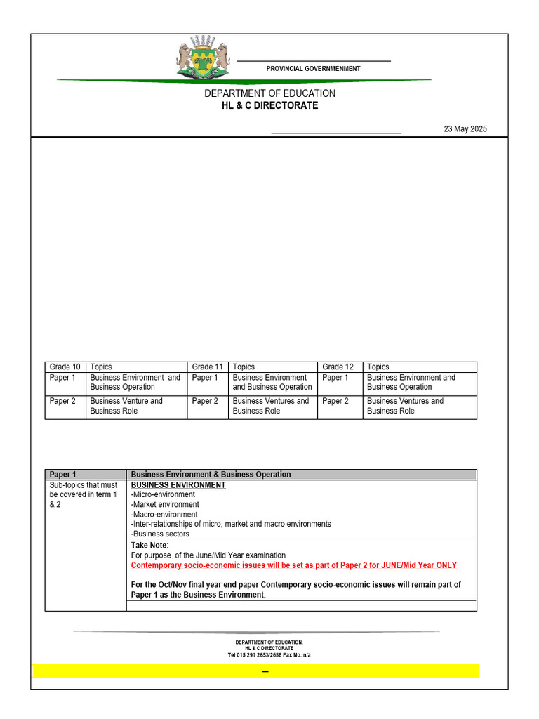 BSTD Grade 10 (Mid Year 2025 Paper 1 & 2 Structure) | PDF