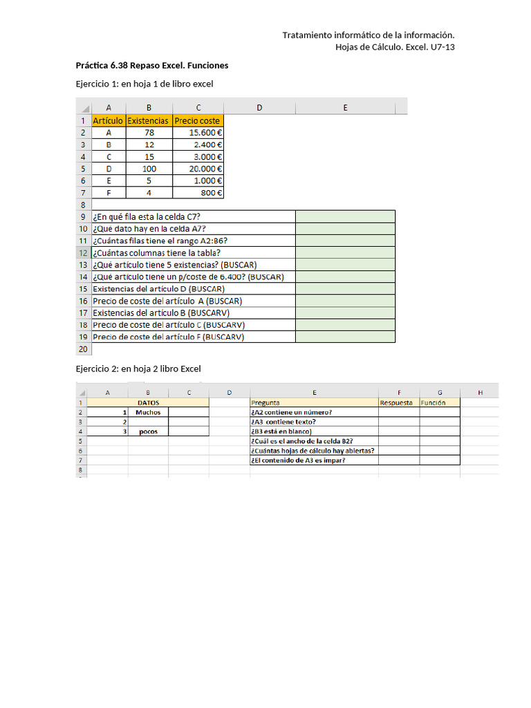 Práctica 6.38 excel repaso funciones | PDF