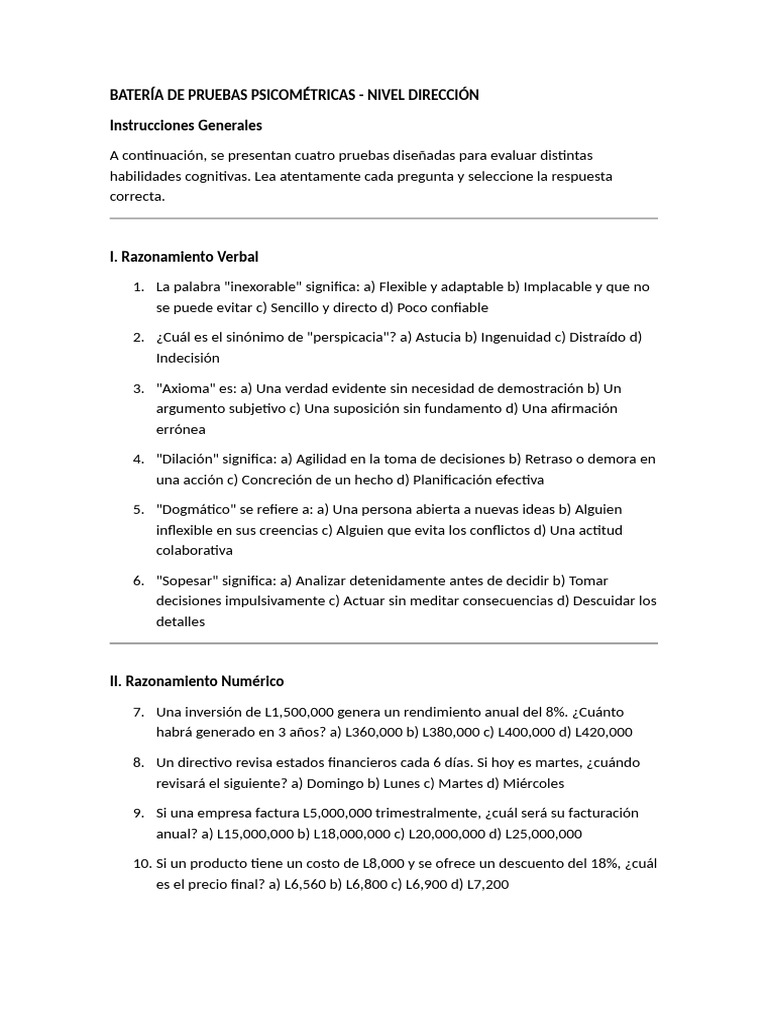 Batería de Pruebas Psicométricas - Nivel Dirección | PDF