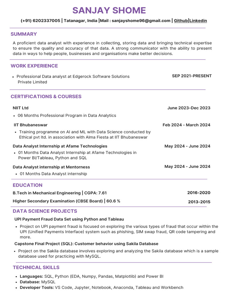 Data Analyst Resume Sanjay Shome | PDF