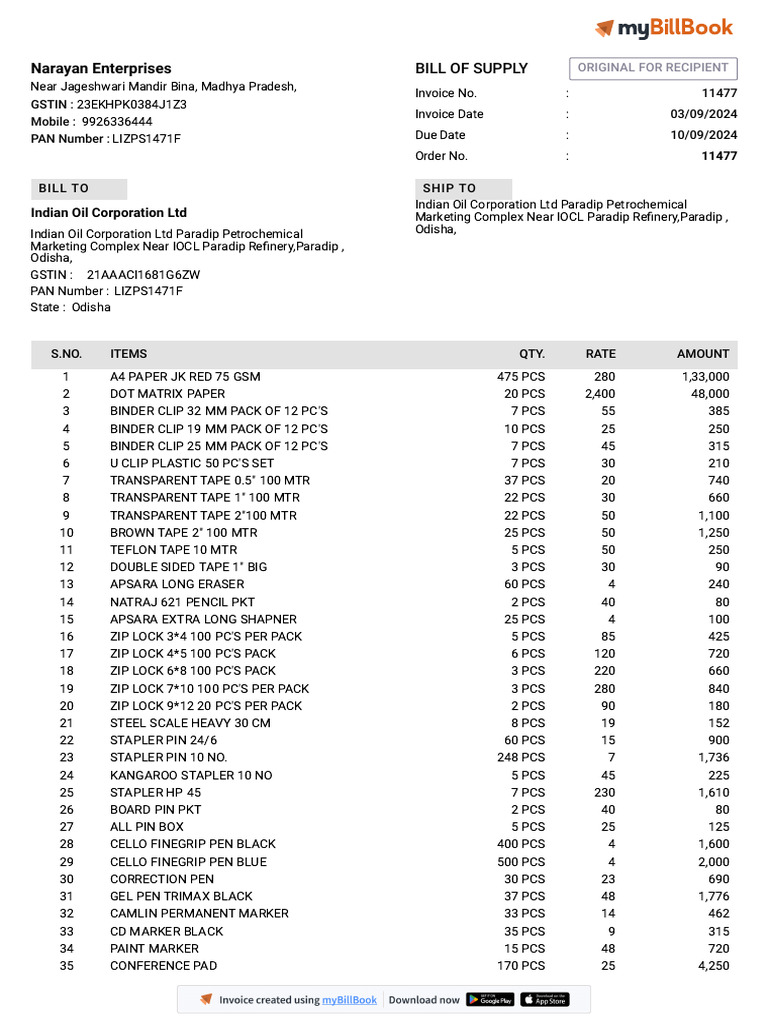 Indian Oil Invoice for Supplies | PDF | Stationery