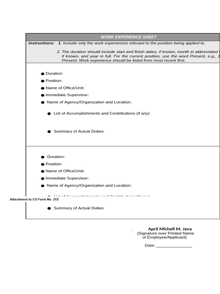 CS Form No. 212 Attachment Work Experience Sheet Sample | PDF