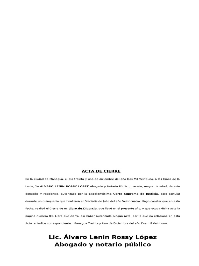 Acta de Cierre Libro de Divorcios 2021 | PDF