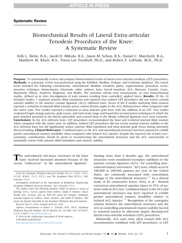 Biomechanical Results Lateral Extra Articular Tenodesis Procedures Knee ...