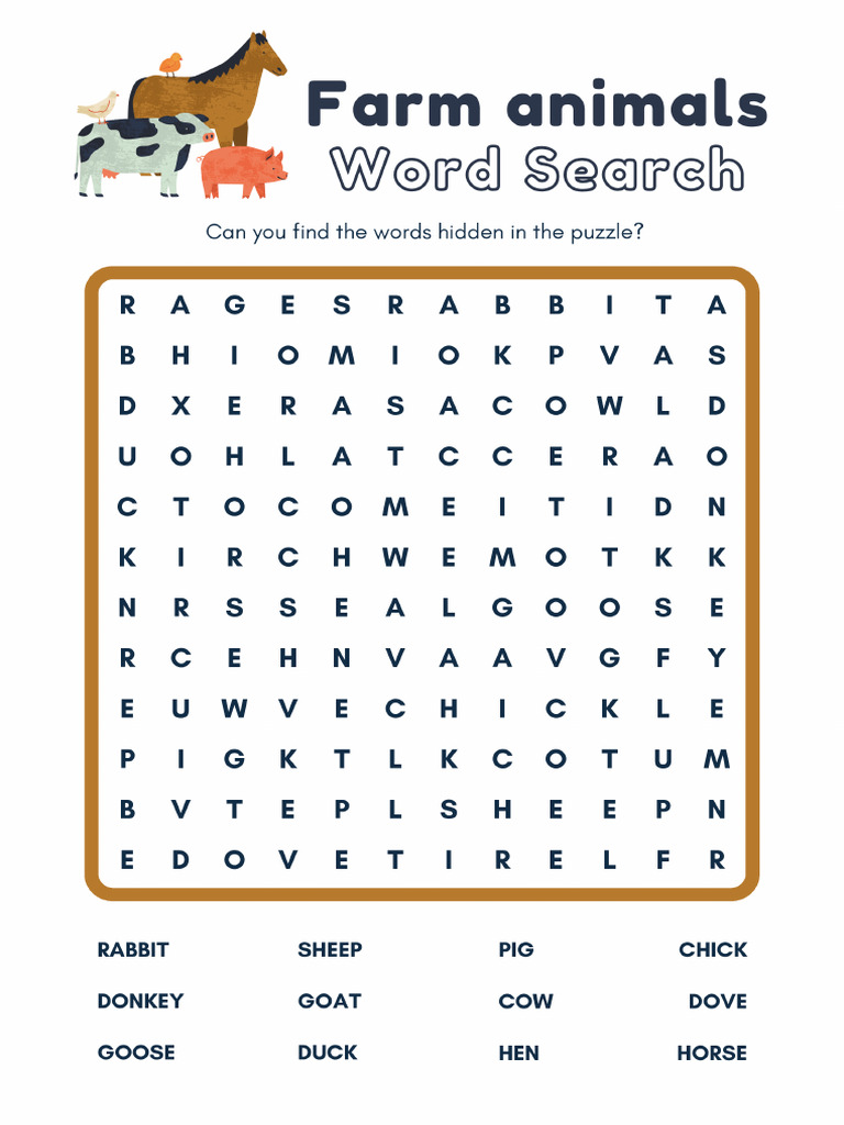 White Colorful Farm Animals Word Search Worksheet | PDF
