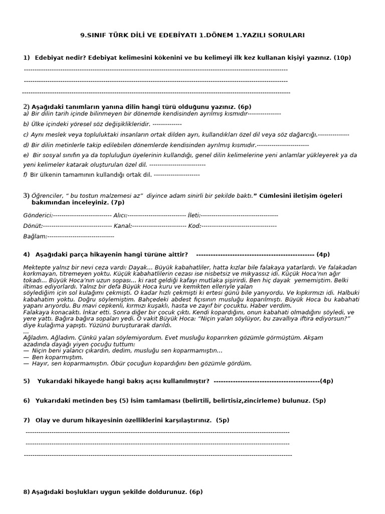 9 TDE 1.donem 1.yazili Soru Ve Cevaplari 2022 | PDF