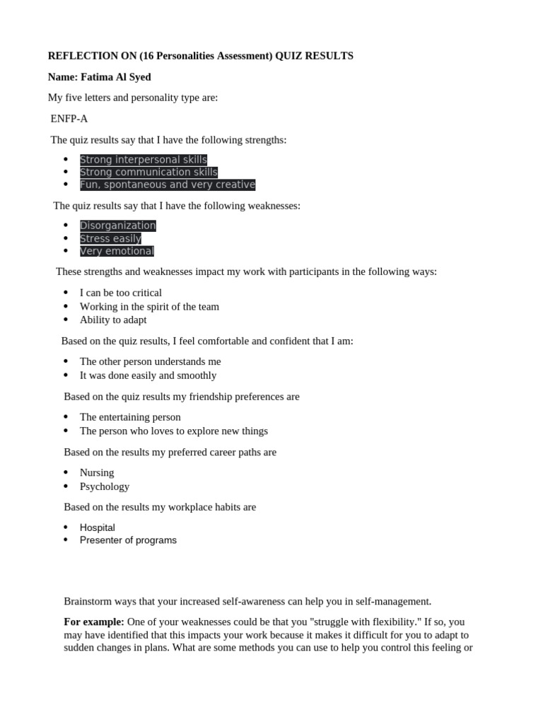 Reflection On 16 Personalities Assessment Quiz | PDF