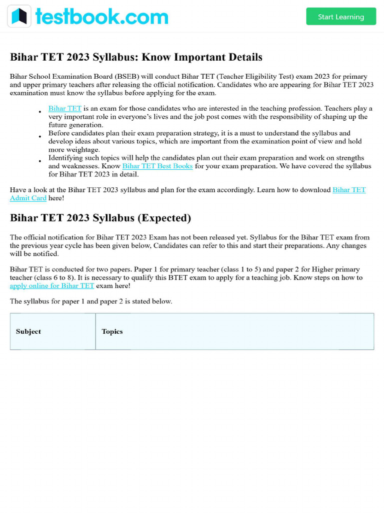 Bihar TET 2023 Syllabus - Know Important Details | PDF
