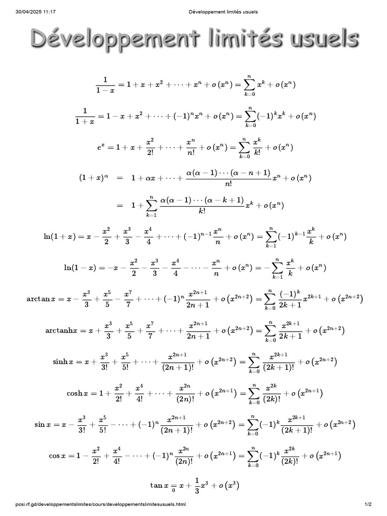 Développement Limités Usuels | PDF | Hyperbolic Geometry | Non ...