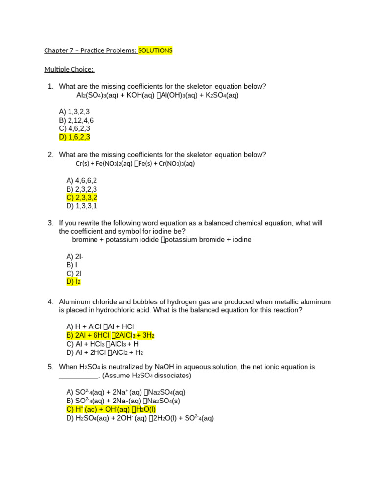 Chapter 7 - Practice Problems Solutions | PDF | Chemical Reactions ...