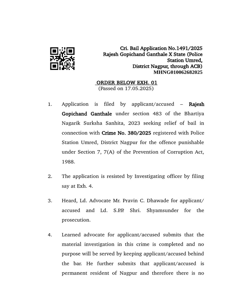 Bail Order for Rajesh Ganthale, Nagpur | PDF | Bail | Public Law