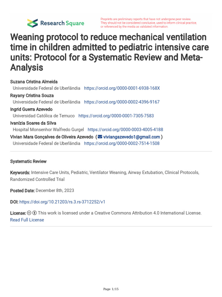Weaning Protocols in Pediatric ICU Care | PDF | Meta Analysis ...