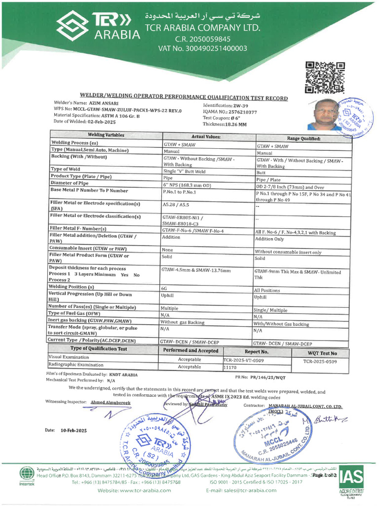 Azim Ansari Tpi WQT Record Gtaw+Smaw | PDF