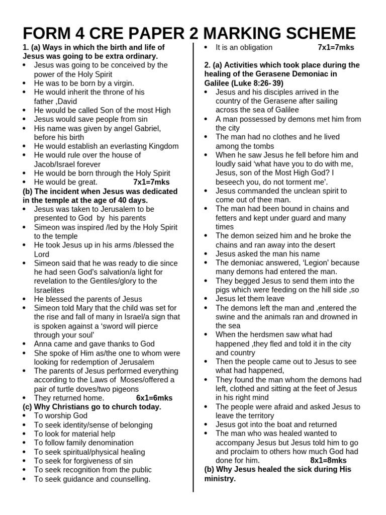 Form 4 Cre Paper 2 Marking Scheme | PDF | Cost Of Living | Jesus