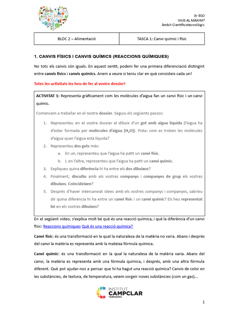 Tasca 1_canvi Físic i Canvi Químic | PDF