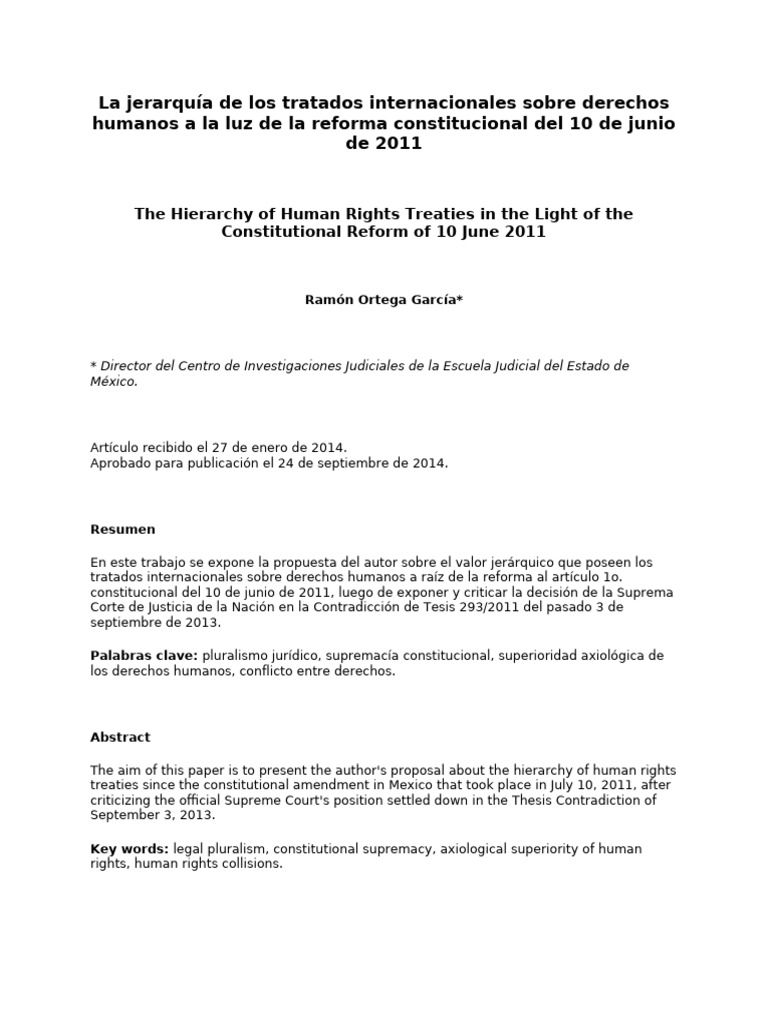 La jerarquía de los tratados internacionales sobre derechos humanos a la luz de la reforma ...