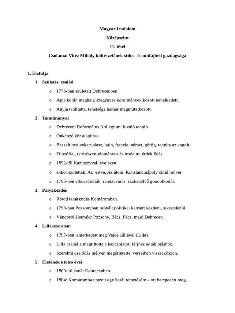 Magyar Irodalom - 11. Tétel Csokonai Vitéz Mihály Költészetének Stílus - És Műfajbeli Gazdagsága ...