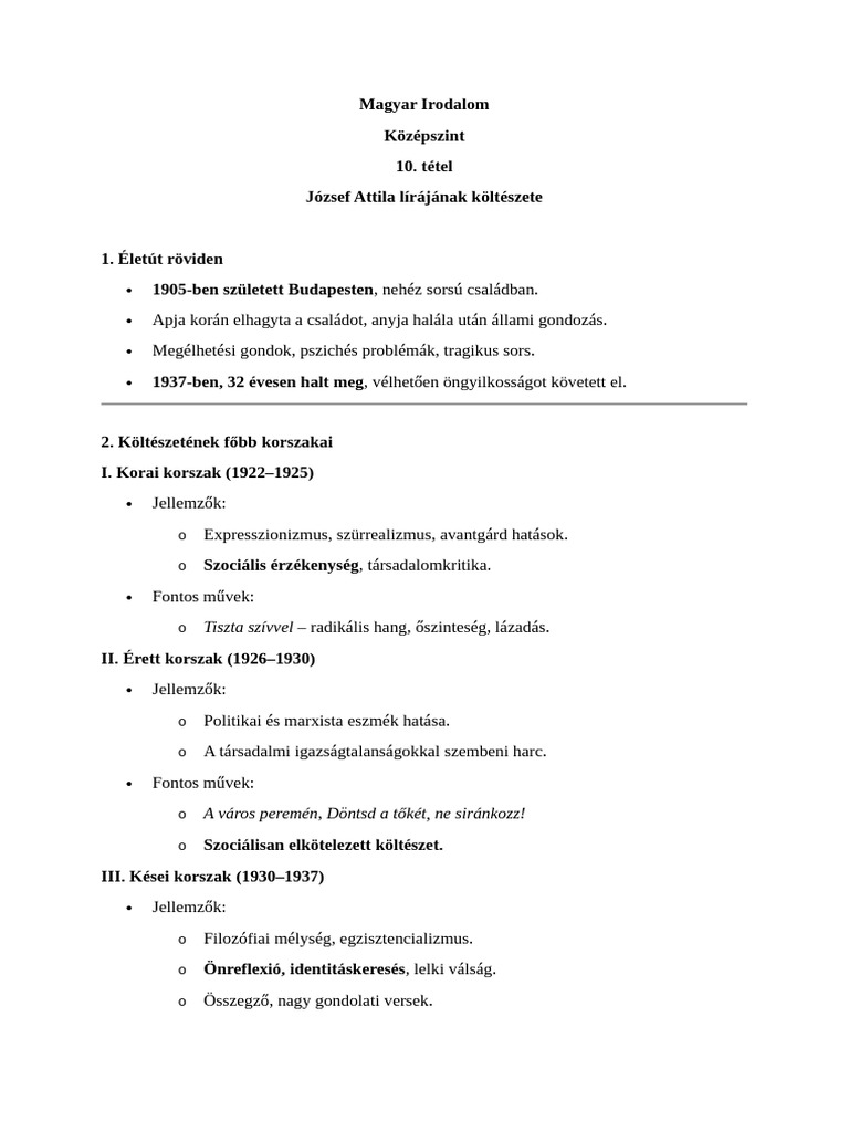 Magyar Irodalom- 10. Tétel József Attila Költészetének Sokszínűsége | PDF