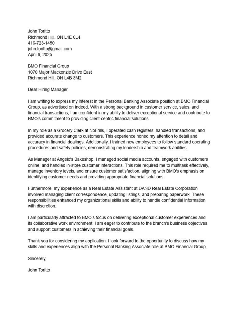 Associate Banker Cover Letter Example | PDF