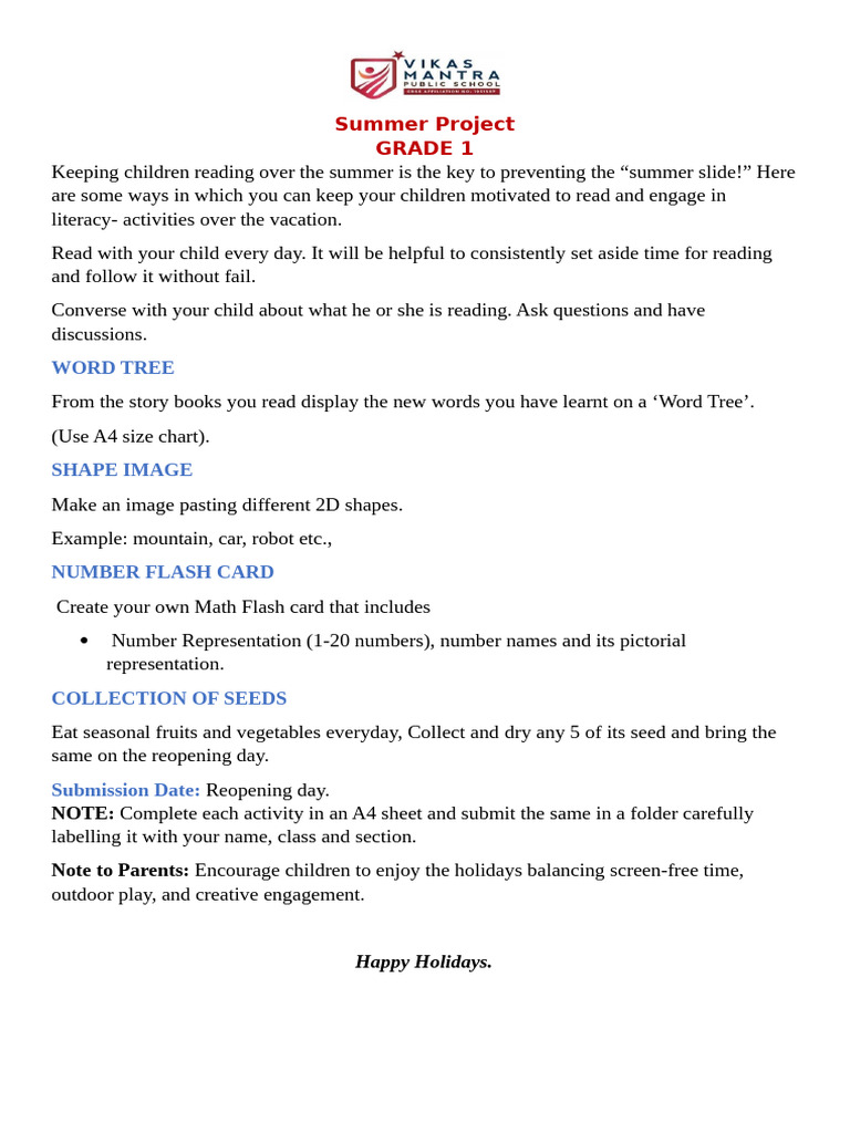 Grade 1 Summer Project | PDF
