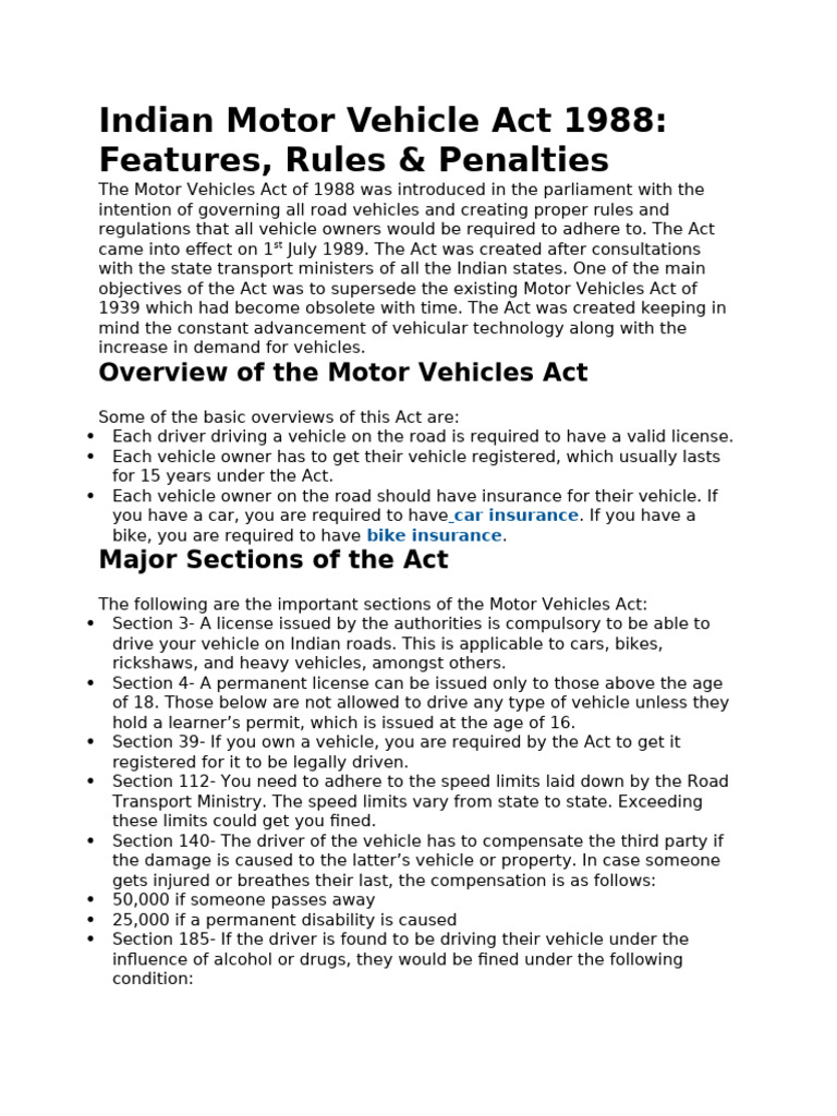 Key Features of Motor Vehicle Act 1988 | PDF | Traffic Collision ...