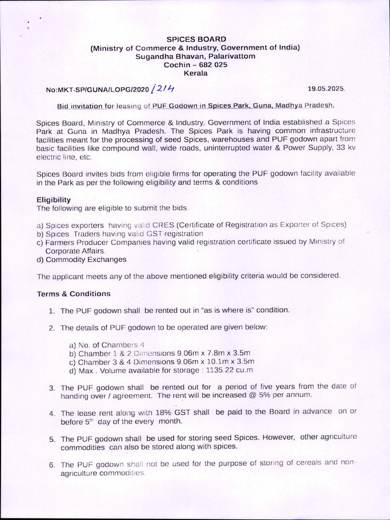 Bid Invitation For Leasing of Puf Godown in Spices Park Guna | PDF