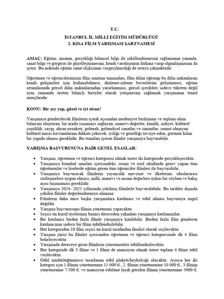 2. Kisa Film Yarismasi Sartnamesi | PDF