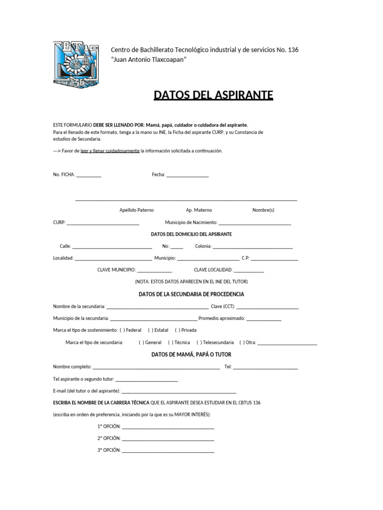 Ficha Ingreso Cbtis | PDF