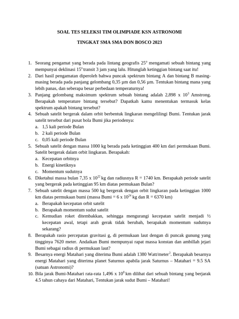 Soal Seleksi KSN Astronomi SMA 2023 | PDF