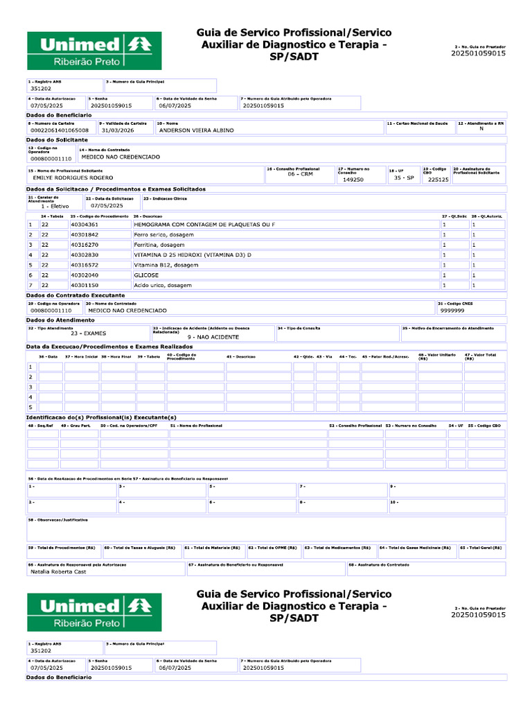 Guia de Servico Profissional - Servico Auxiliar de Diagnóstico e Terapia - SP - SADT | PDF