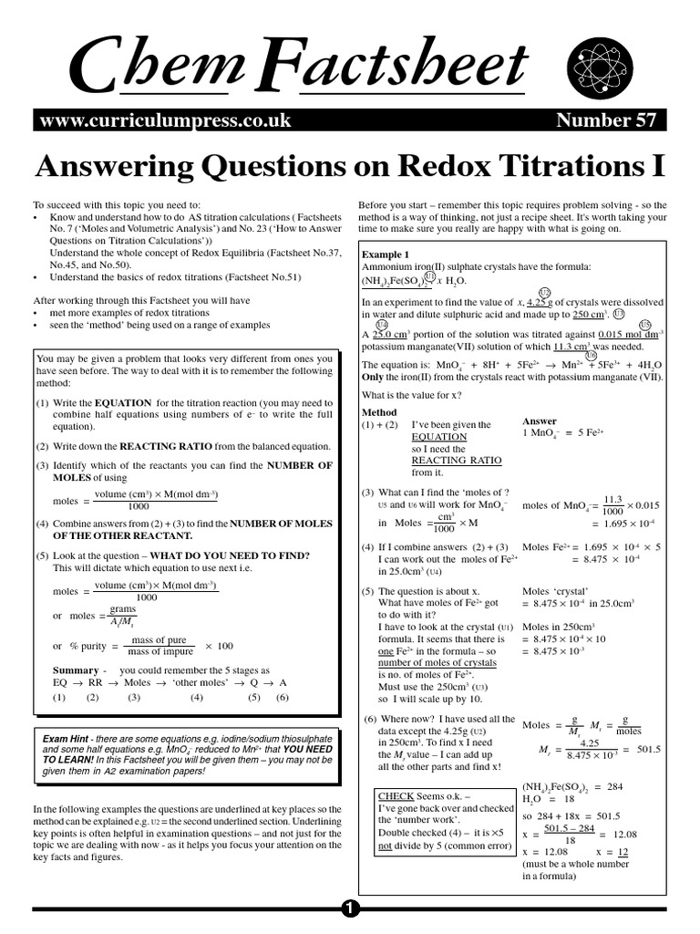 Redox Titration Methods Explained | PDF | Titration | Chemistry