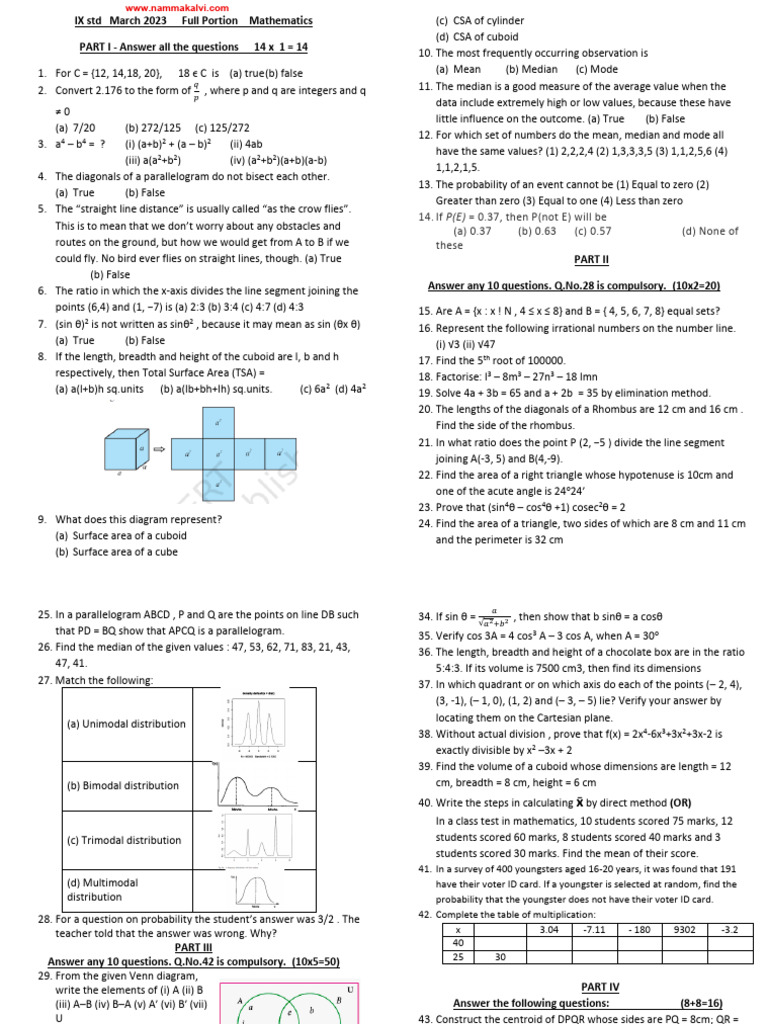 Namma Kalvi 9th Maths Full Portion Model Question Paper EM 221627 | PDF | Area | Elementary ...