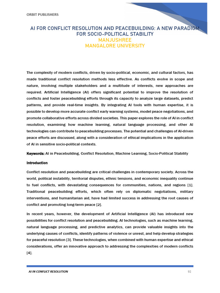 Ai For Conflict Resolution and Peacebuilding: A New Paradigm For Socio ...